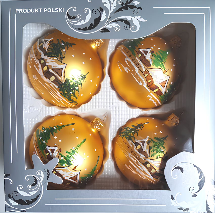 Bombka złota mat pejzaż zimowy 80 mm 4 sztuki - Bricomarche.pl