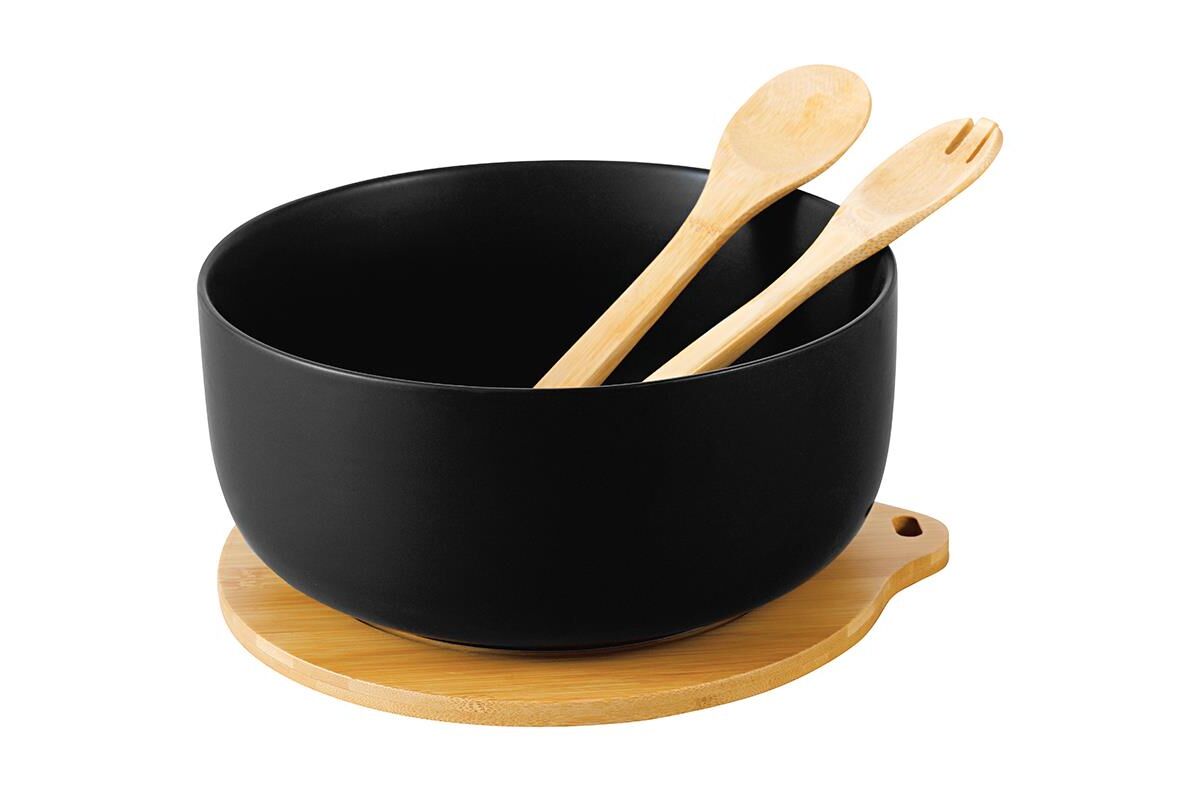 Miska do sałaty na bambusowej podstawie z łyżkami ADRIA czarna ...